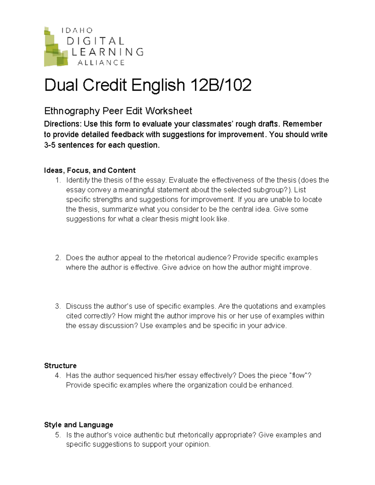 Dual Credit English Ethnography Peer Edit Worksheet Guide - Studocu