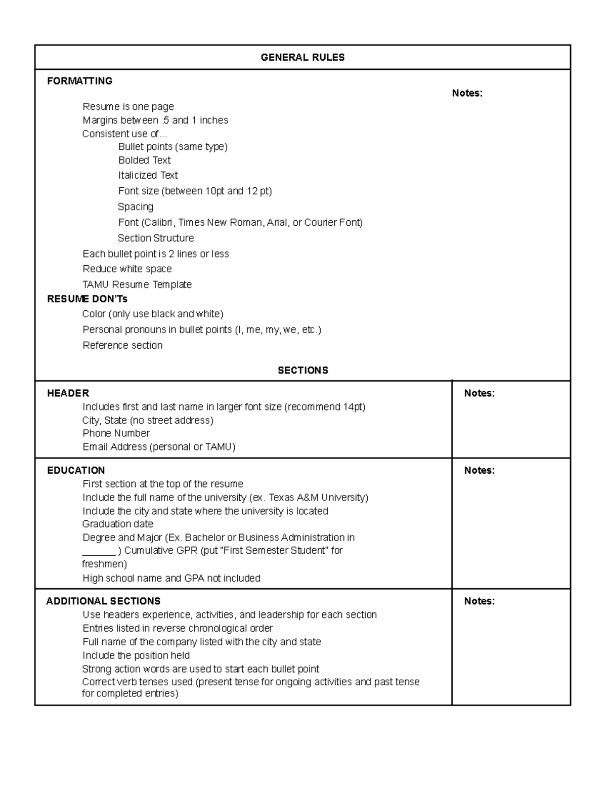 TAMU Resume Checklist: Formatting & Content Guidelines - Studocu