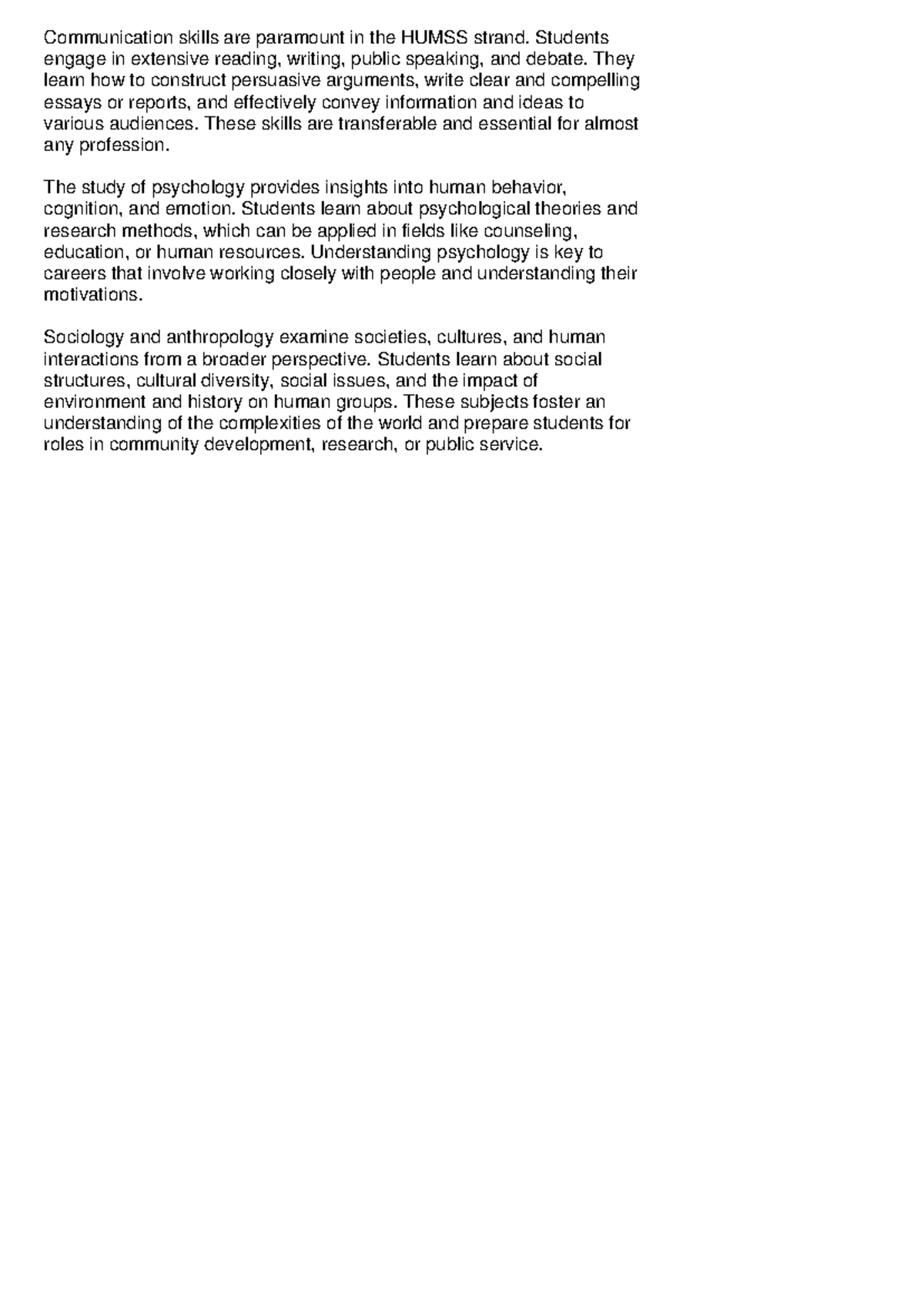 HUMSS Strand Overview: Exploring Human Culture & Society - Studocu