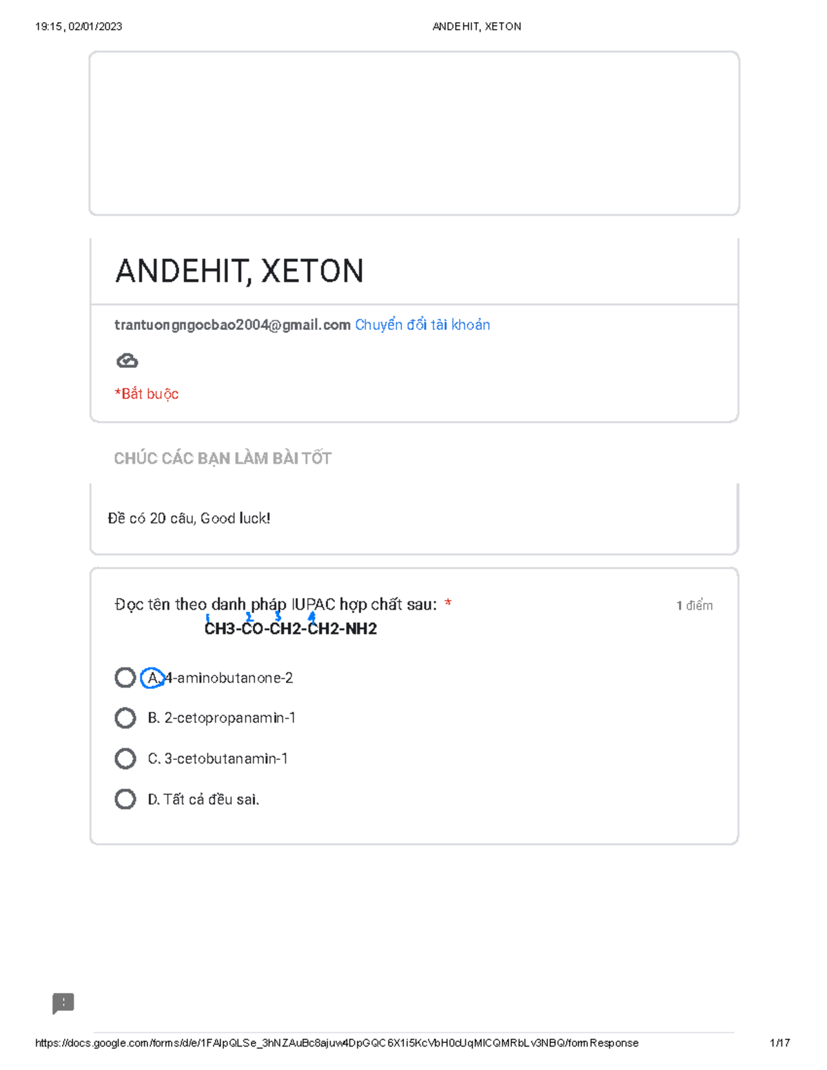 Andehit- Xeton (r) - practice - CHÚC CÁC BẠN LÀM BÀI TỐT Đề có 20 câu ...