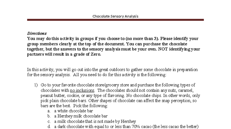 Chocolate Sensory Analysis - Directions You may do this activity in ...