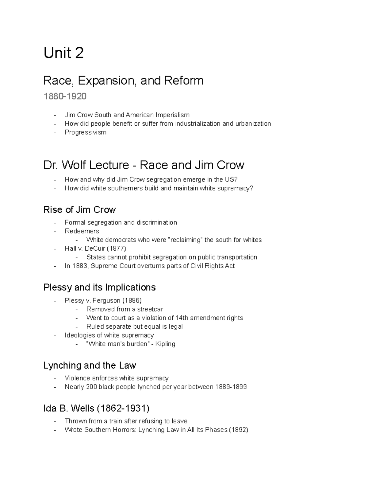 HIST 2112E Unit 2 Lecture Notes: Race, Expansion, and Reform 1880-1910 ...