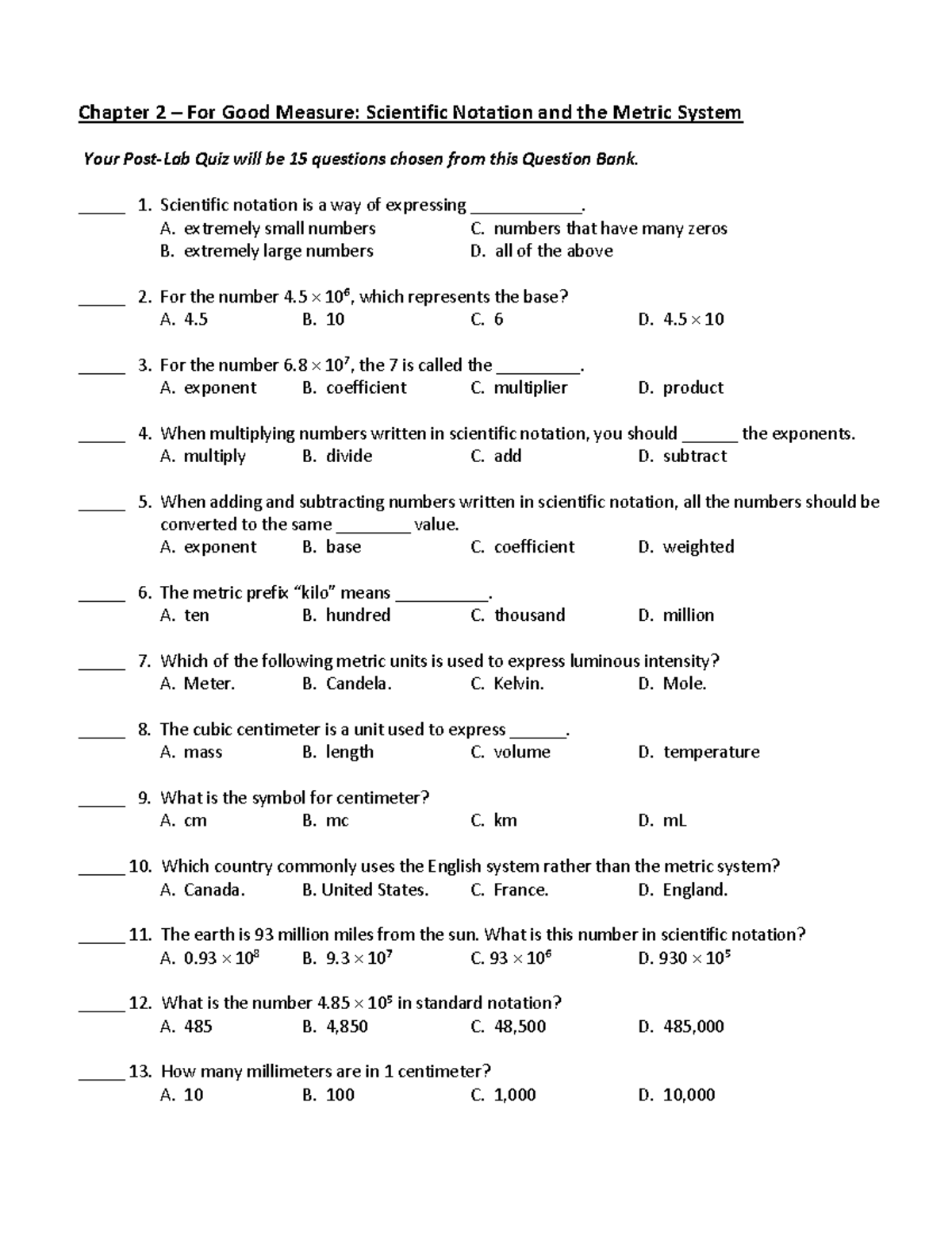 Chapter 2: Scientific Notation & Metric System Quiz Questions - Studocu