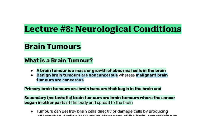 Lecture #8: Neurological Conditions & Brain Tumours Overview - Studocu