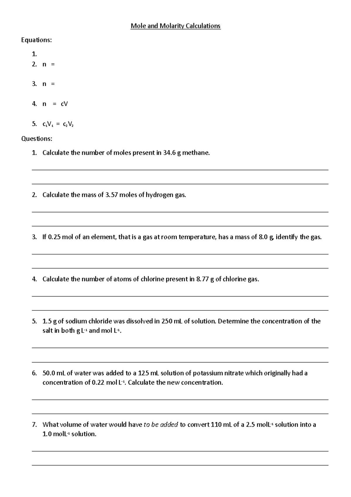 Chem Mod 5 Worksheet: Mole & Molarity Calculations - Studocu