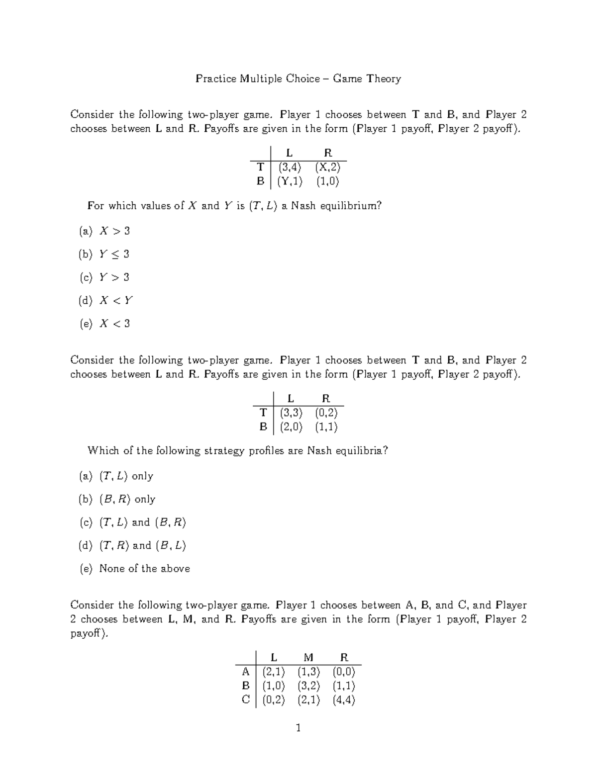 Practice MC - Game Theory Analysis and Nash Equilibria - Studocu