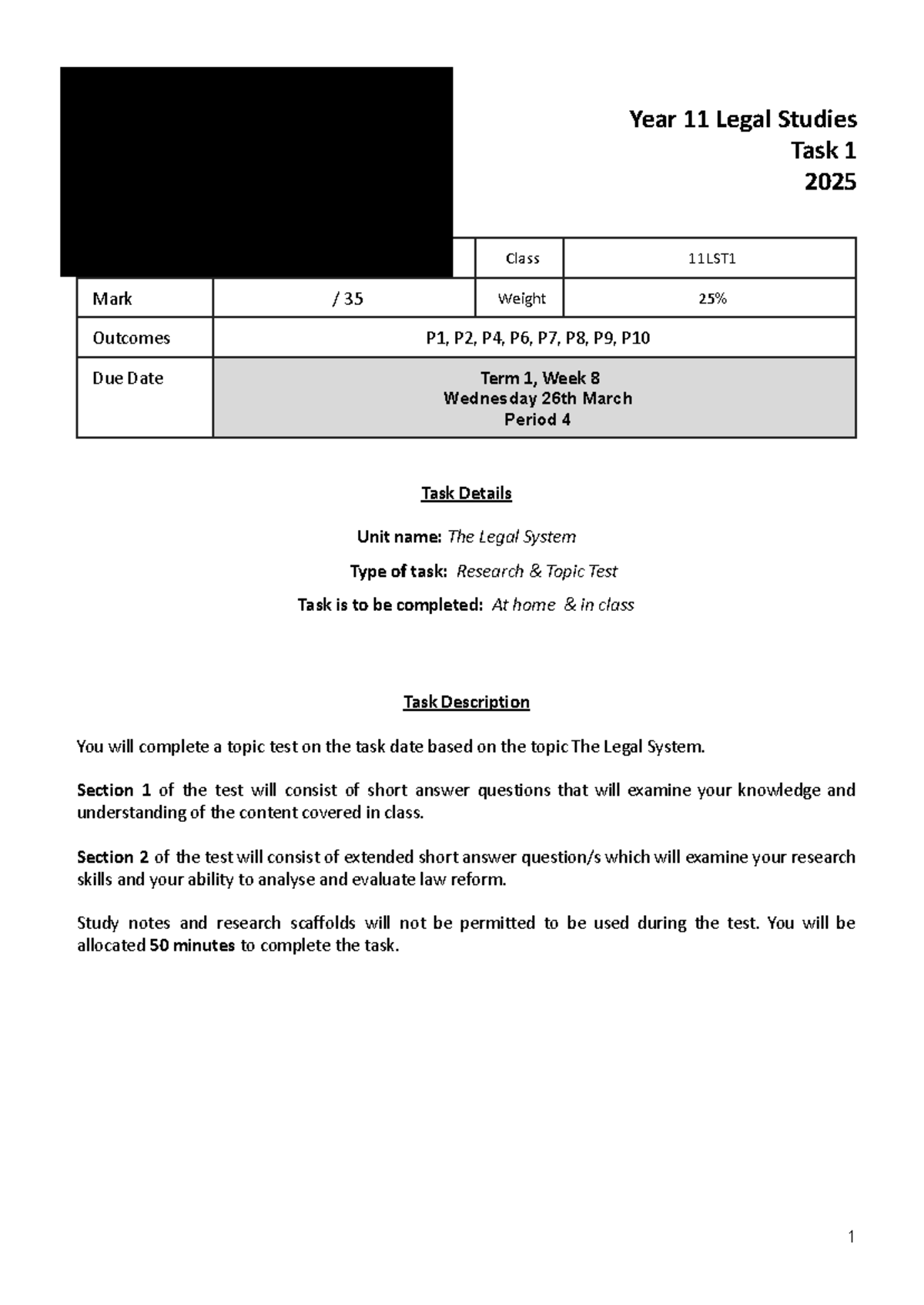 Year 11 Legal Studies Task 1: The Legal System Test Prep 2025 - Studocu
