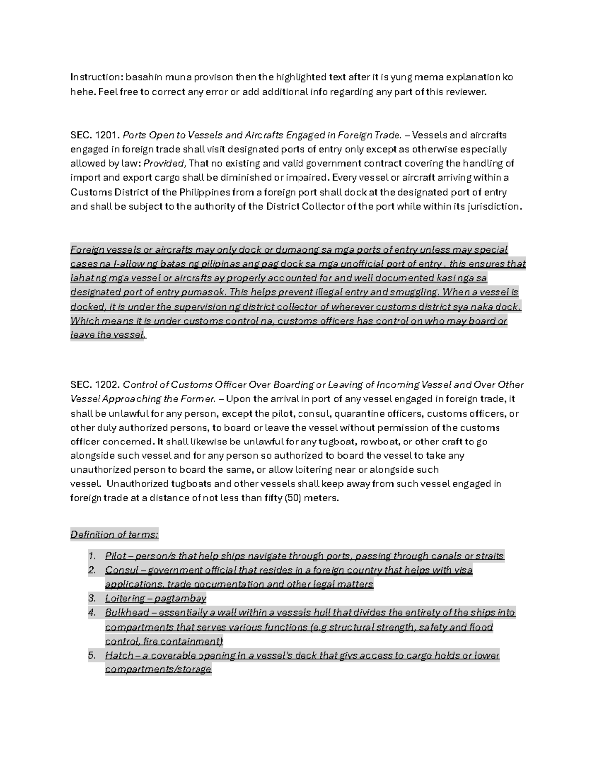 SEC 1201-1218 Review: Customs Regulations on Vessel Entry - Studocu