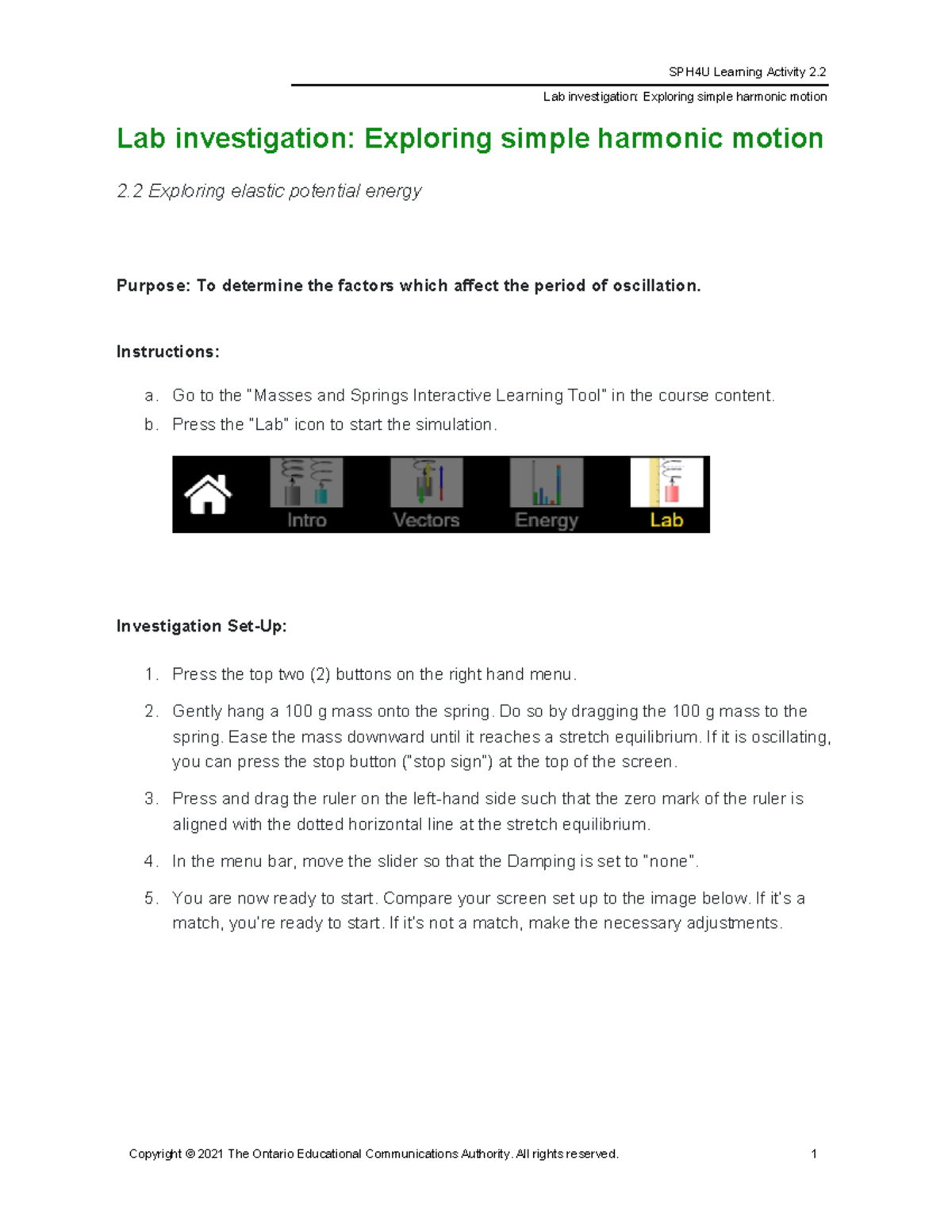 Sph4u 02 - Lab Activity: Simple Harmonic Motion Investigation - Studocu