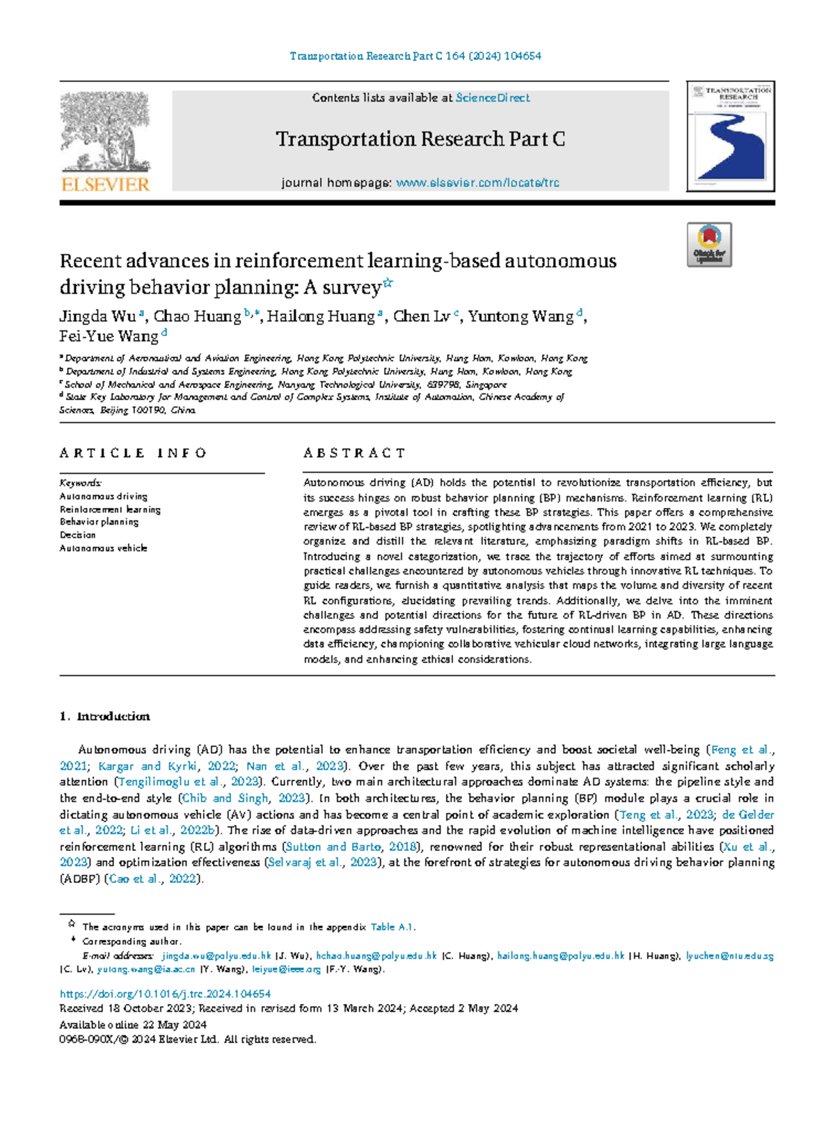 Recent Advances in Reinforcement Learning for Autonomous Driving Behavior - Studocu