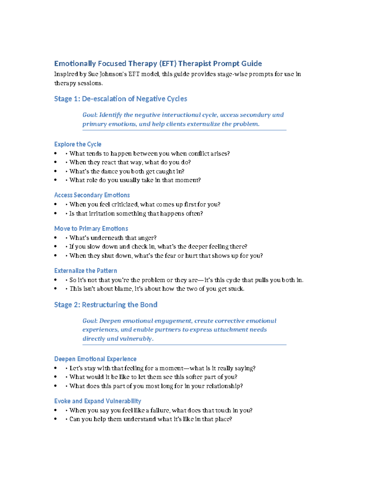EFT Therapist Prompt Guide: Stages of Emotionally Focused Therapy - Studocu