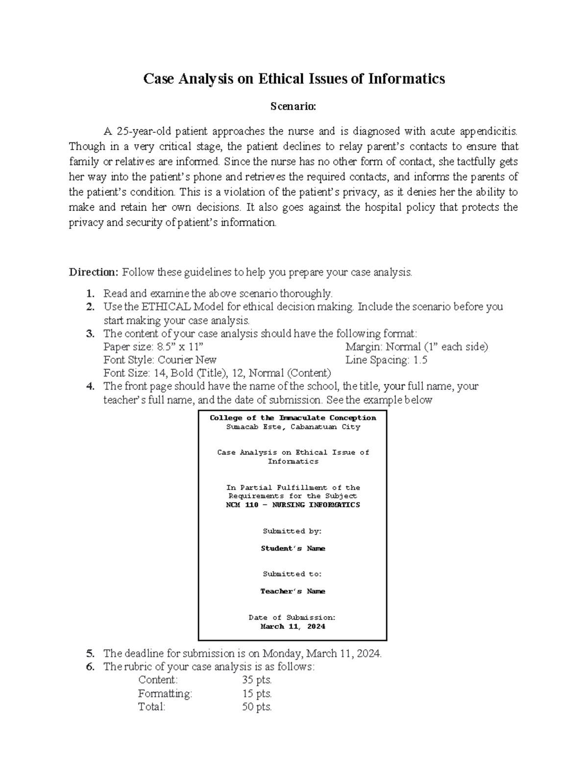 Case Study: Ethical Issues in Nursing Informatics (NCM 110) - Studocu
