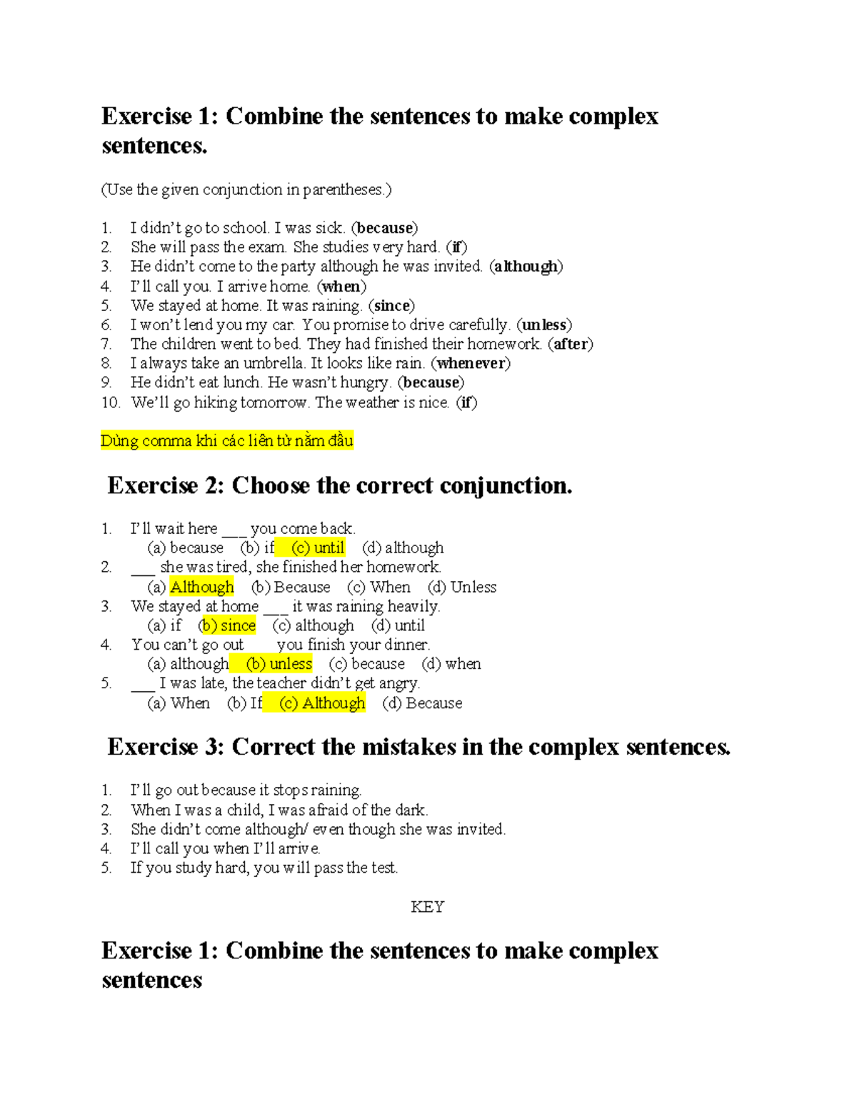 Exercise 3: Complex Sentences Practice and Corrections - Studocu