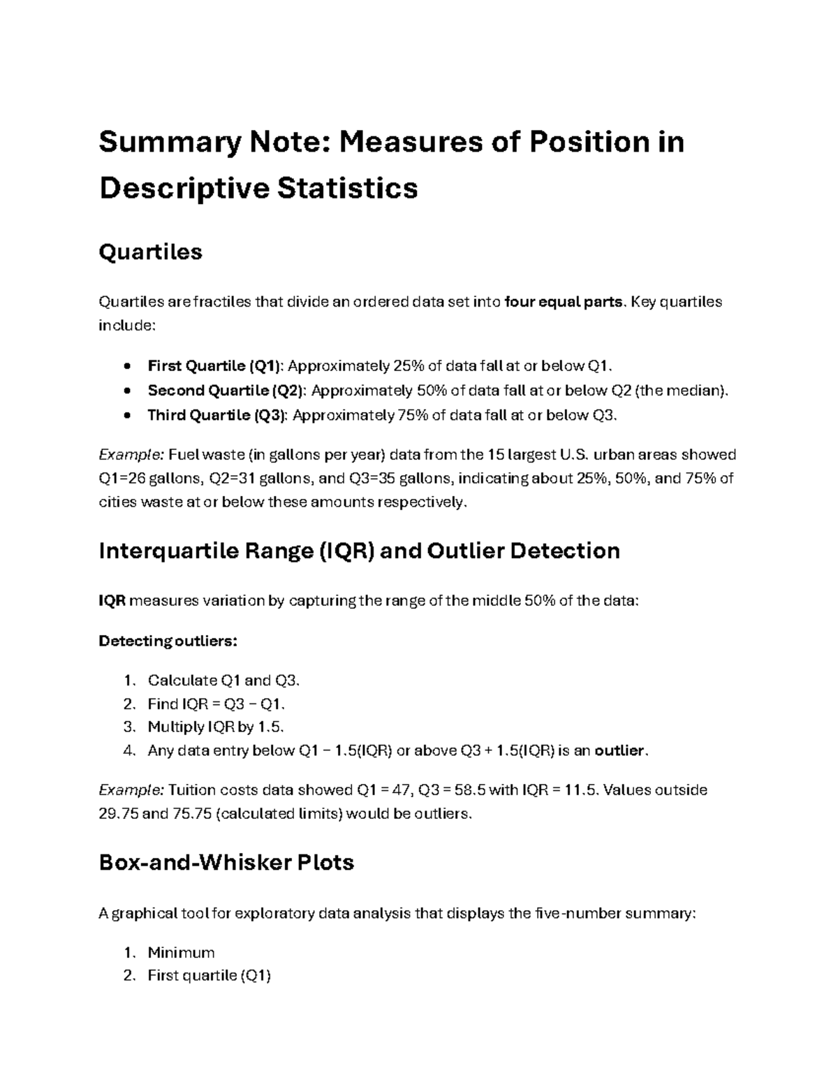Elem Stats Chapter 2: Summary of Measures of Position - Studocu