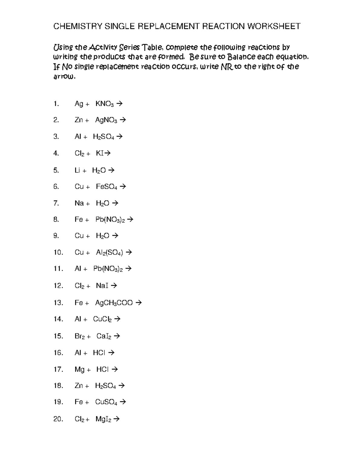 Single Replacement Rxan Funsheet - CHEMISTRY SINGLE REPLACEMENT ...