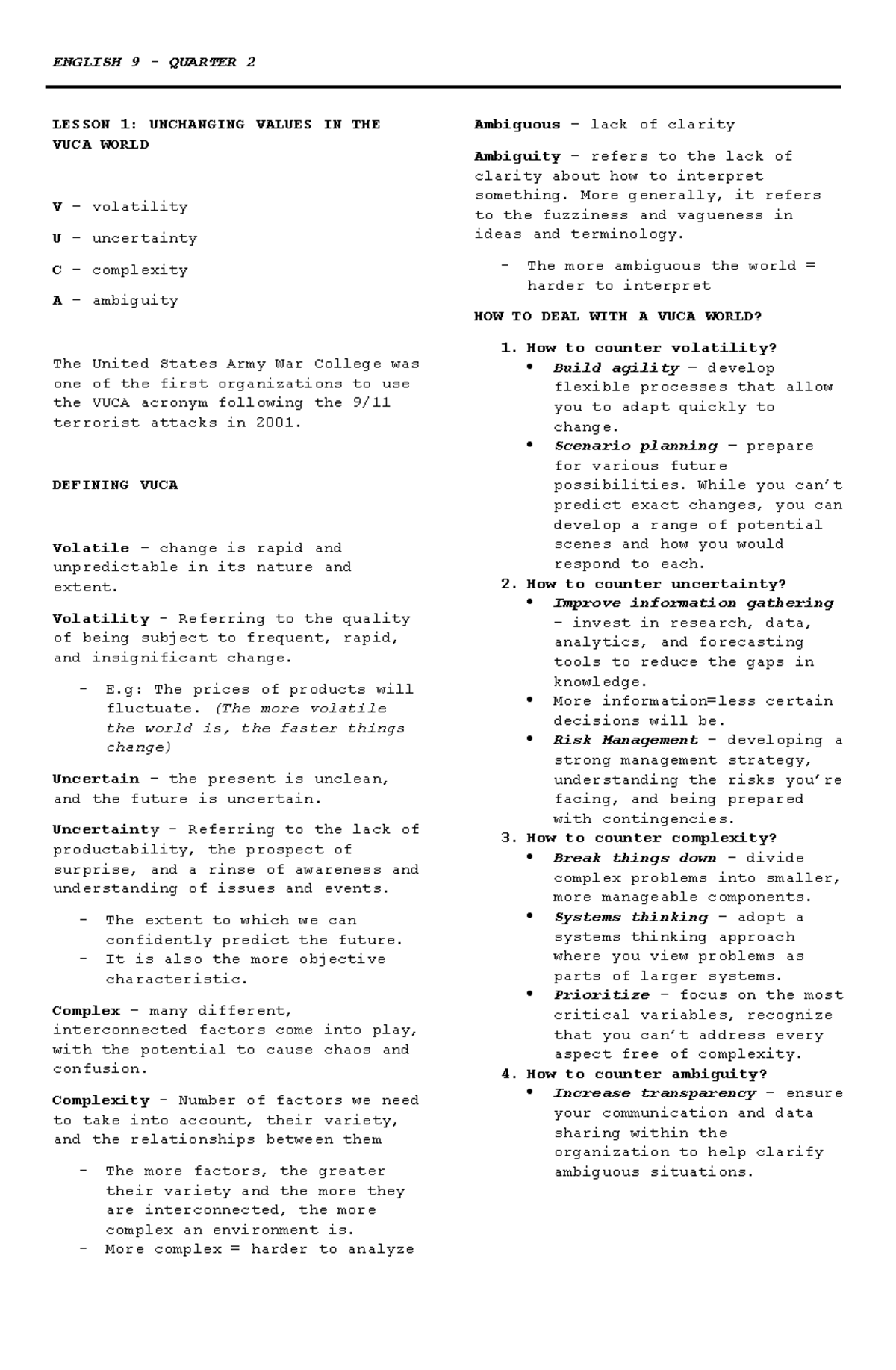 ENGLISH 9 Q2 LESSON 1: NAVIGATING VUCA VALUES - Studocu