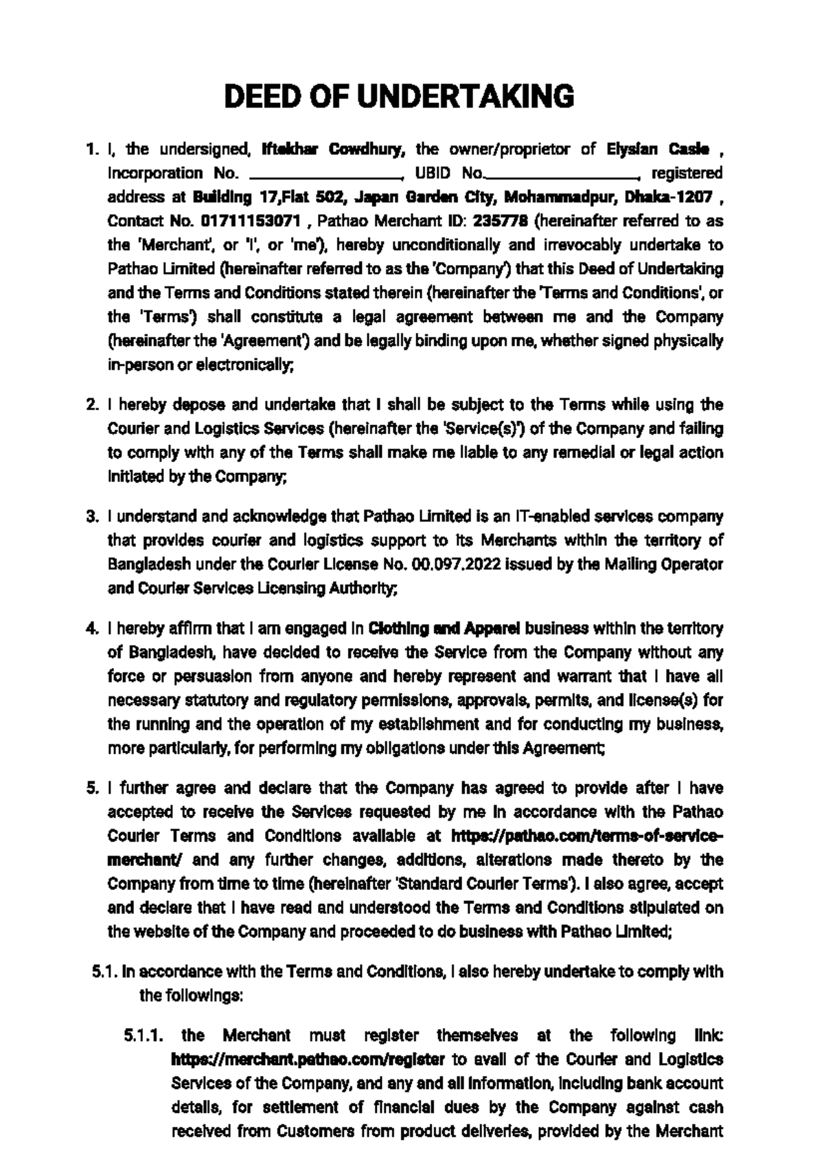 Deed of Undertaking for Pathao Courier Services: Terms and Conditions ...
