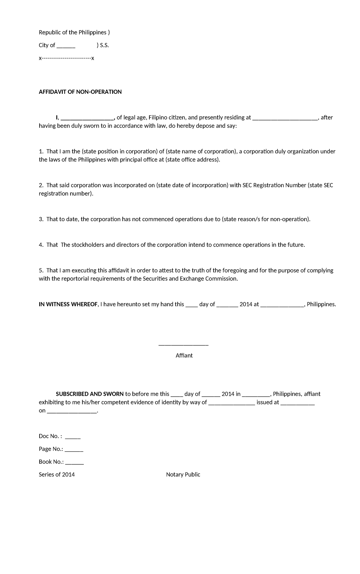 Affidavit of Non-Operation for Corporation Registration Form - Studocu