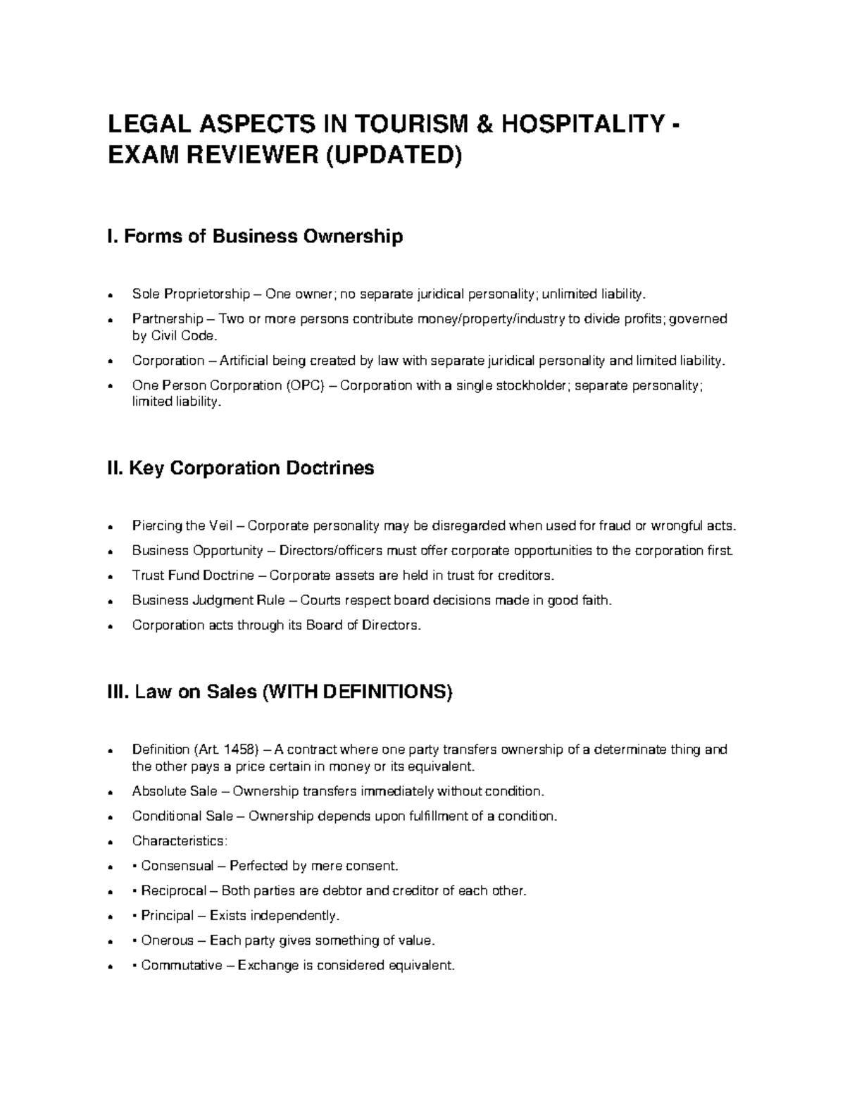 LEGAL ASPECTS IN TOURISM HOSPITALITY EXAM REVIEWER (UPDATED) - Studocu