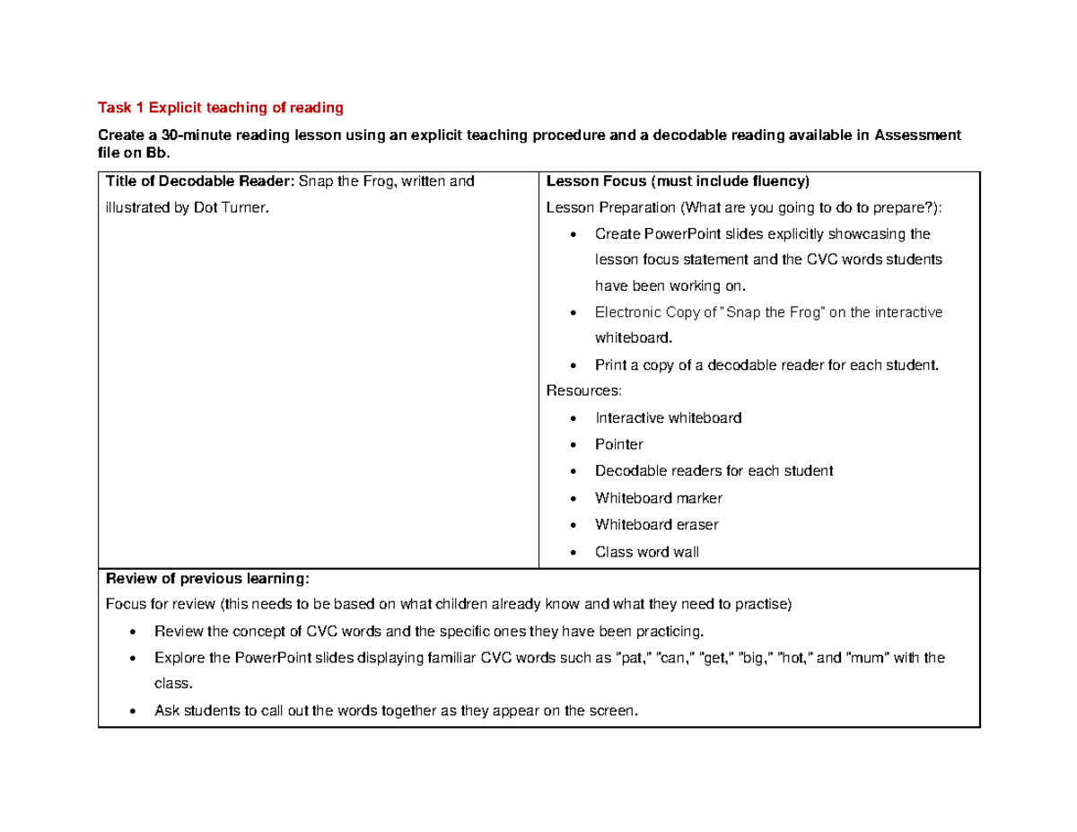 EDC235 20519722 A2 - Explicit Teaching of Reading Lesson Plan - Studocu