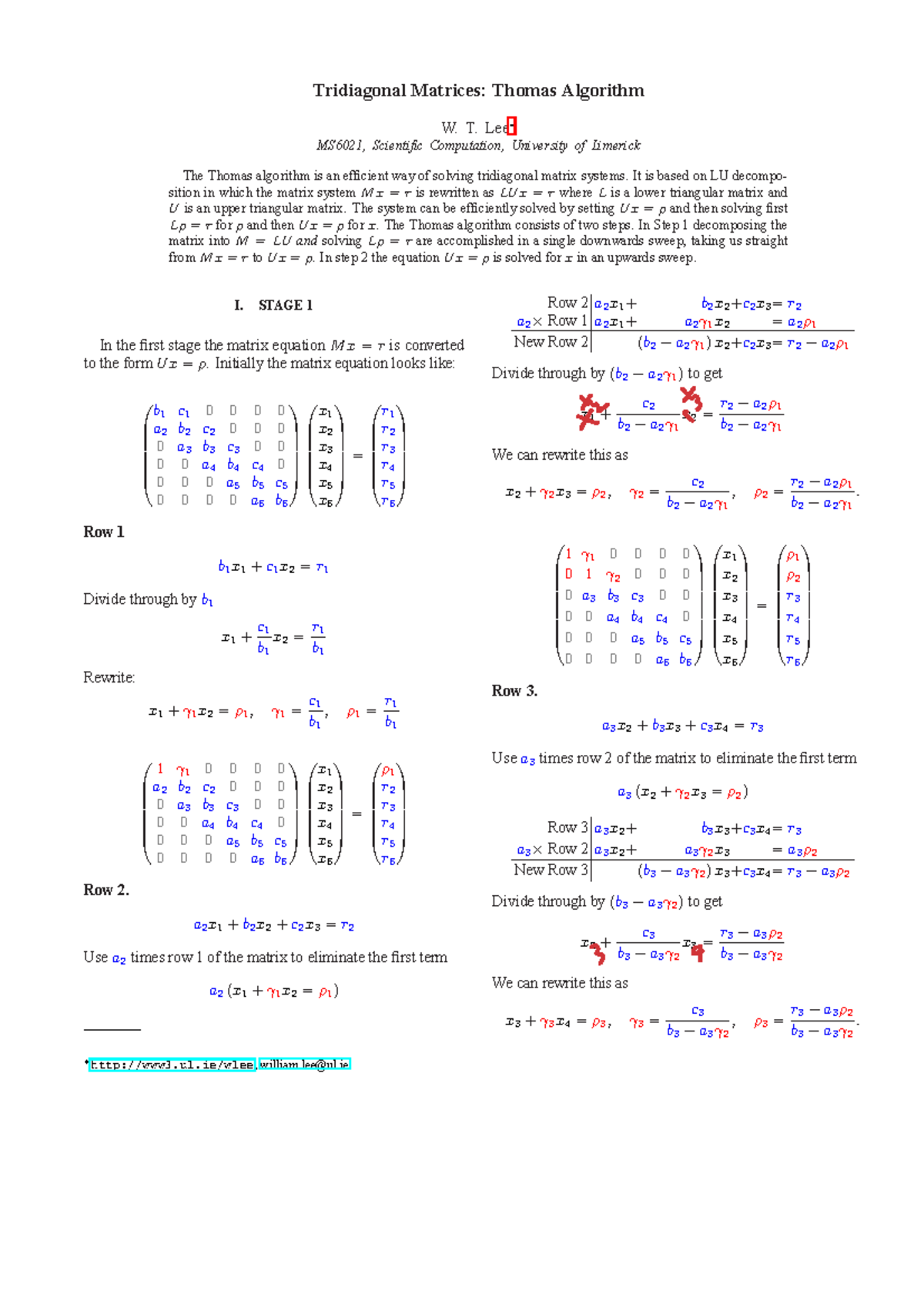 Thomas Algorithm for Tridiagonal Matrices - MS6021 Notes - Studocu
