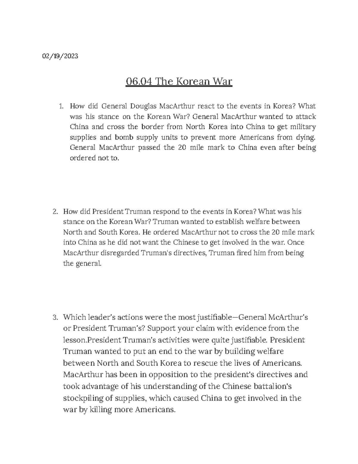 06.04 The Korean War: Analyzing MacArthur and Truman's Leadership - Studocu