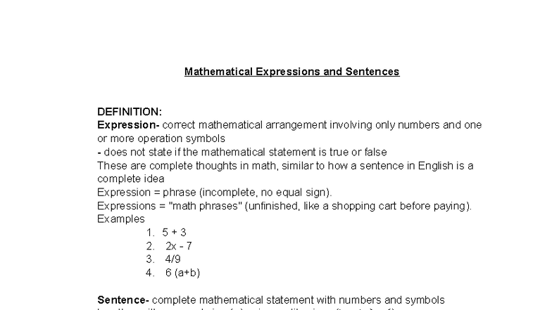 Mathematical Expressions and Sentences: Definitions and Examples - Studocu