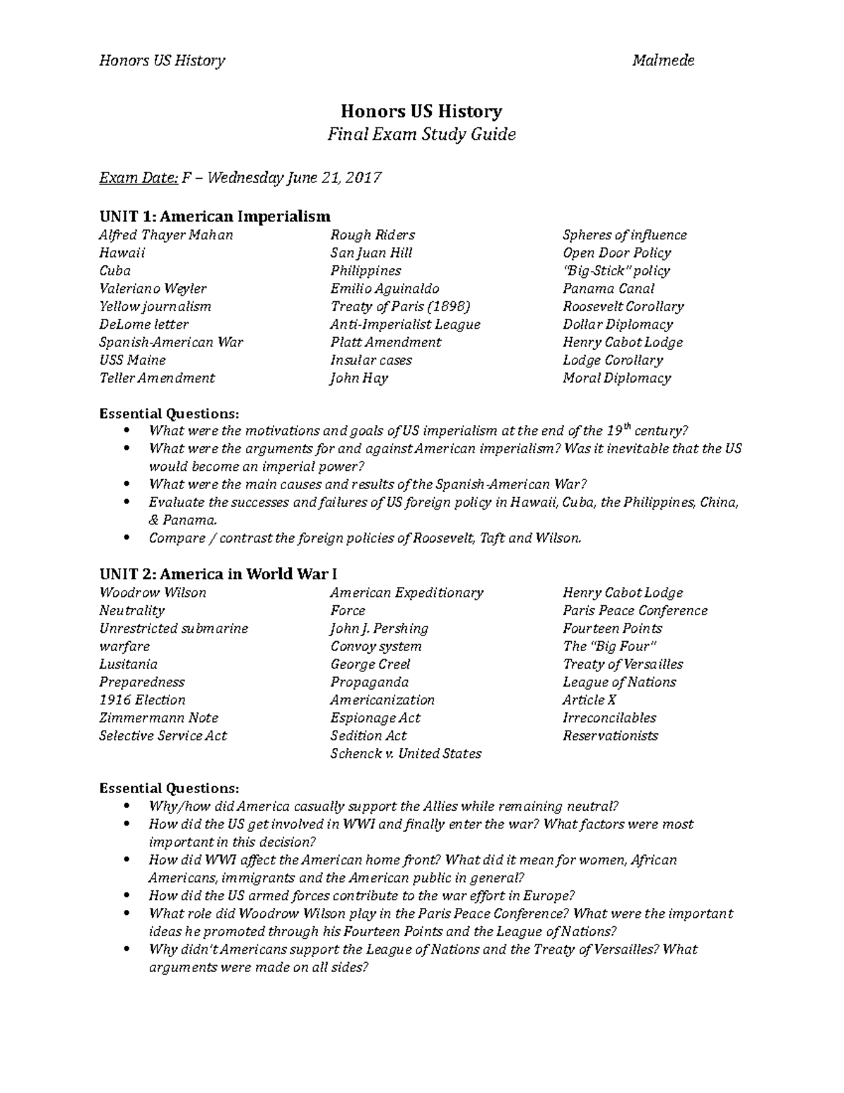 Honors US History - Final Study Guide 2017 - Honors US History Final ...