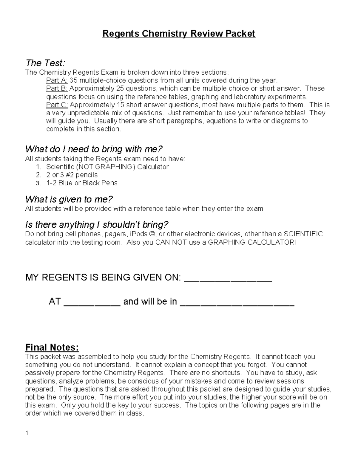 Regents Chemistry Review Packet for Exam Preparation - Studocu
