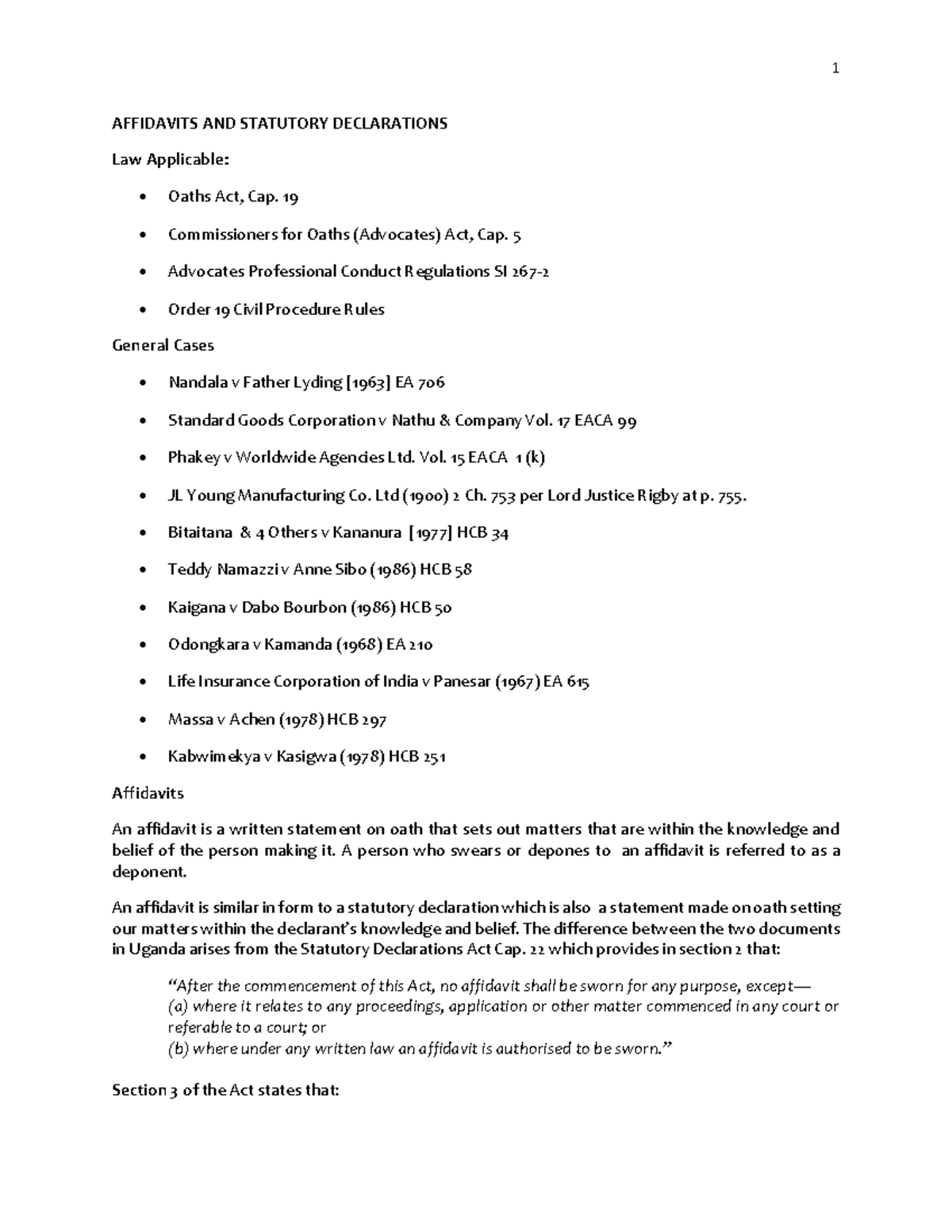 Affidavits and Statutory Declarations Overview (Law 2023) - Studocu