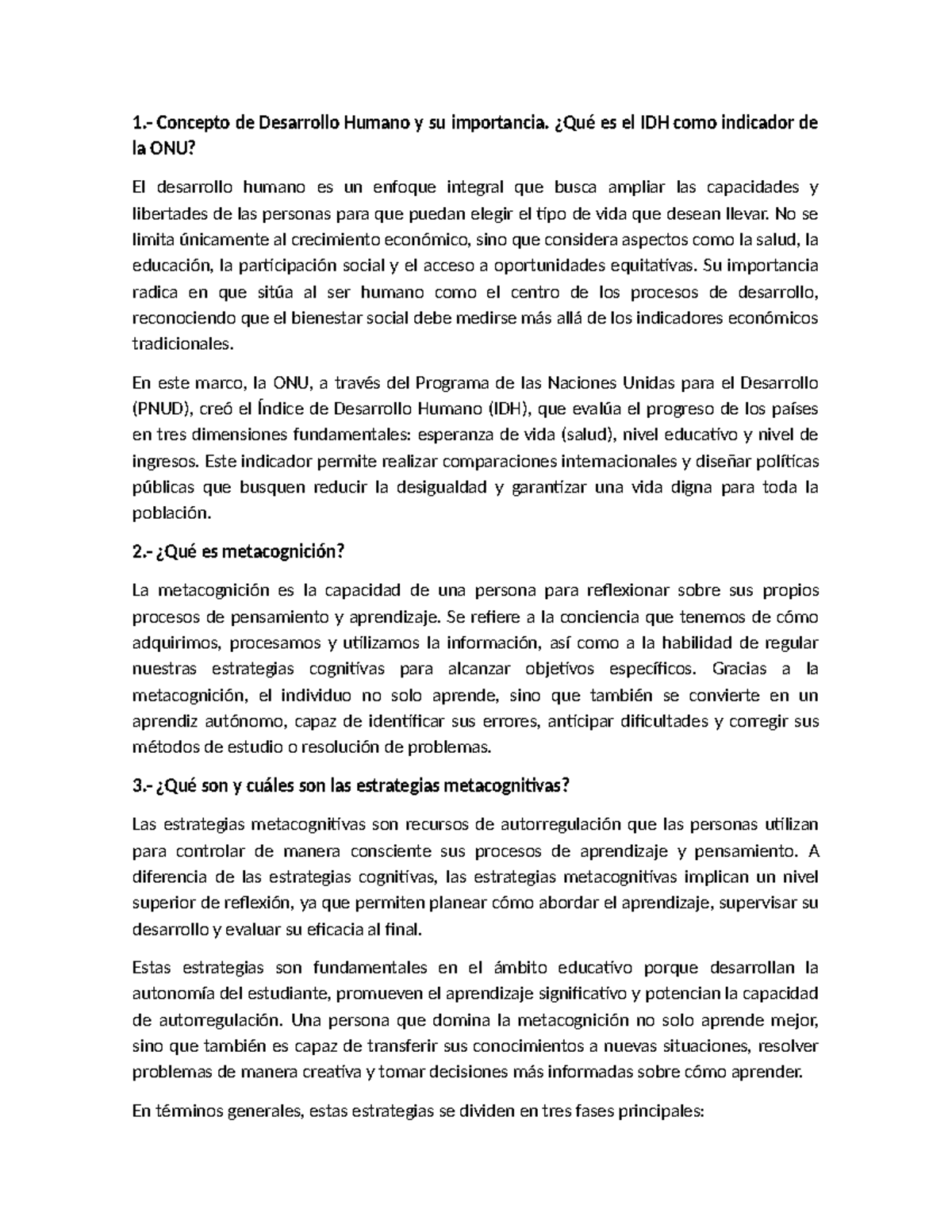 Desarrollo Humano y Metacognición: Teorías y Estrategias (IDH) - Studocu
