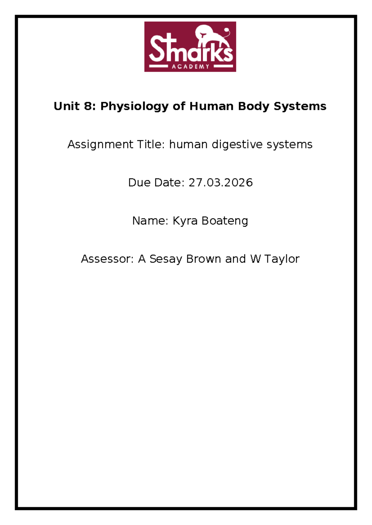 Unit 8: Human Digestive System Assignment Overview - Studocu
