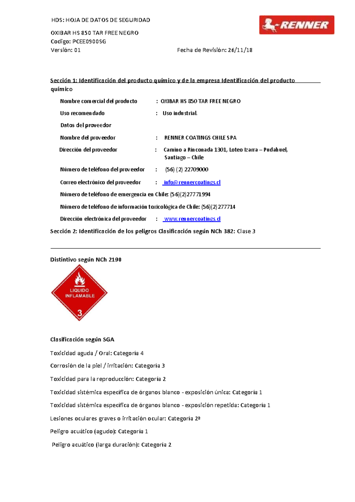 HDS: MSDS Oxibar HS 850 TAR FREE NEGRO - PCEE0900SG Versión 01 - Studocu