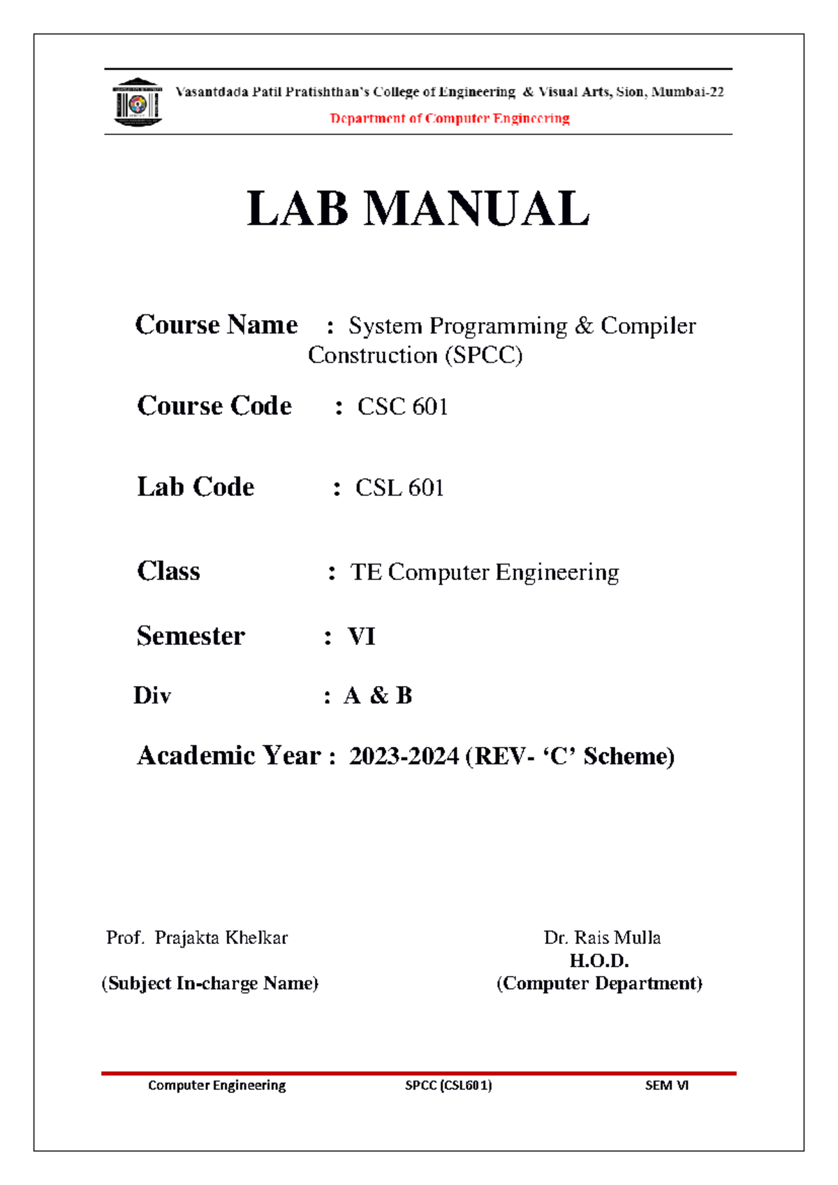 Lab Manual for System Programming & Compiler (CSC 601/CSL 601) - Studocu
