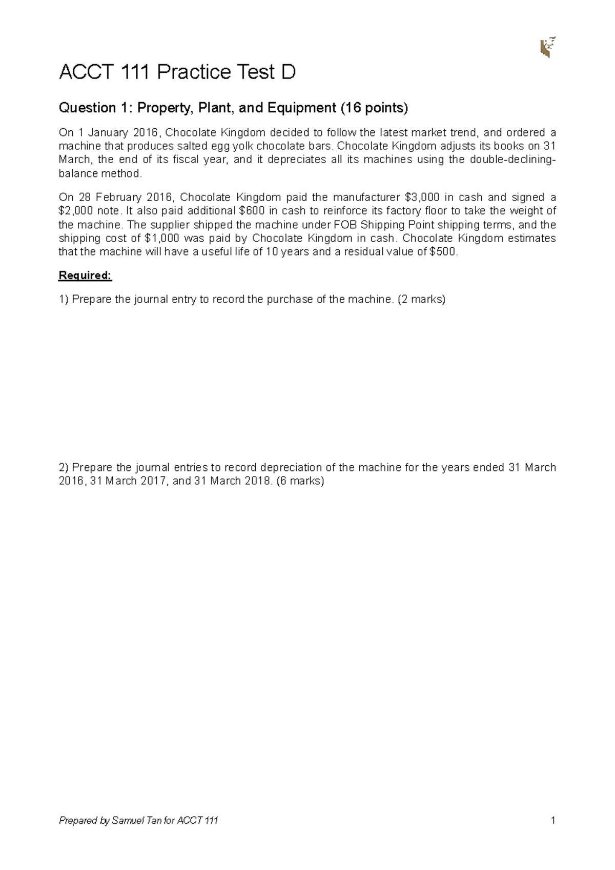 ACCT Practice Test D: Property, Plant, Equipment & Bonds Payable - Studocu