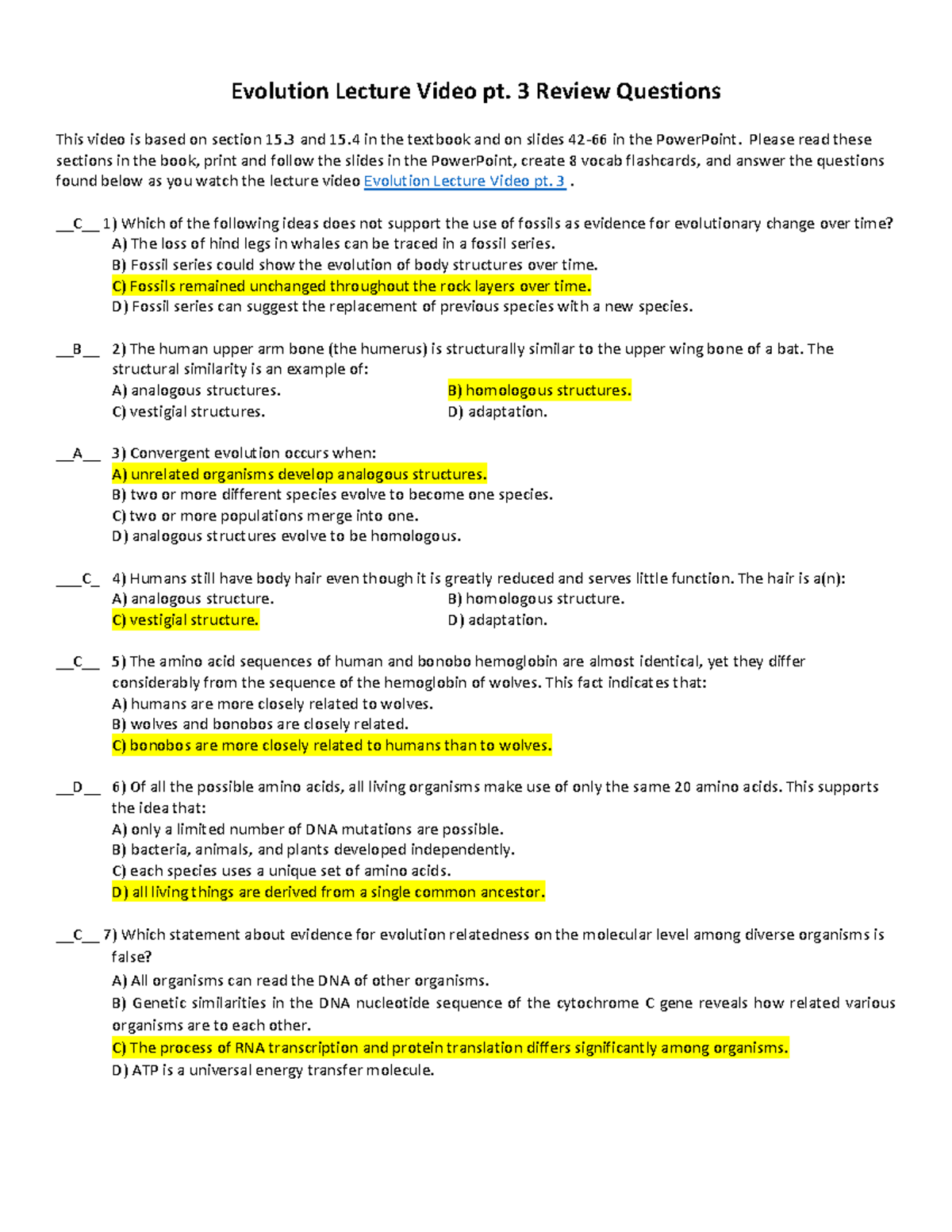 Evolution Lecture Video pt. 3: Review Questions & Key Concepts - Studocu