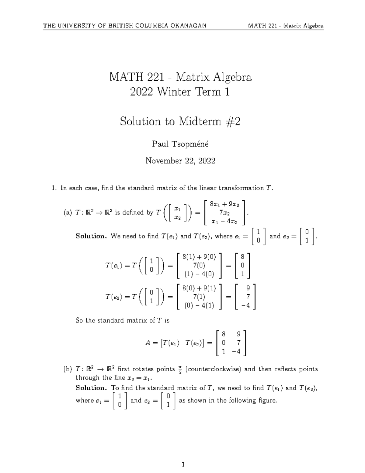 MATH 221 Matrix Algebra Midterm #2 Solutions W2022-T1 - Studocu