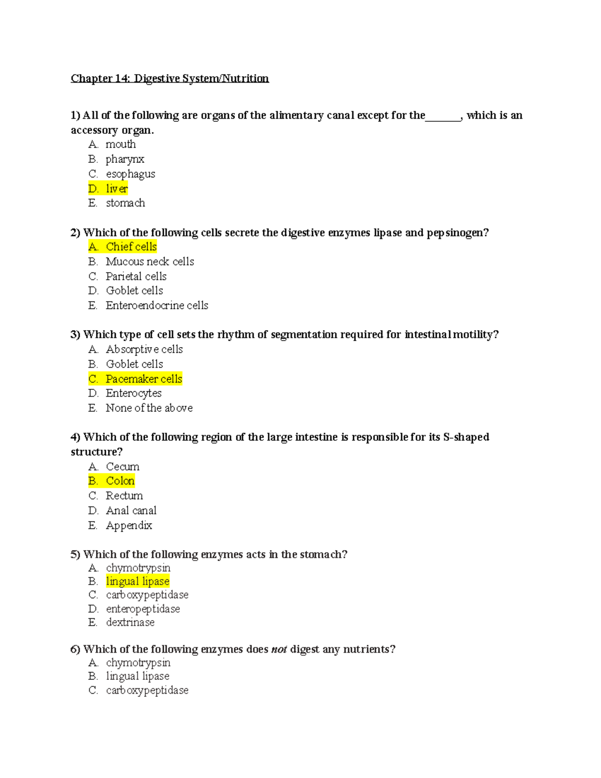 Ch14 Practice Questions & Answers: Digestive System/Nutrition - Studocu