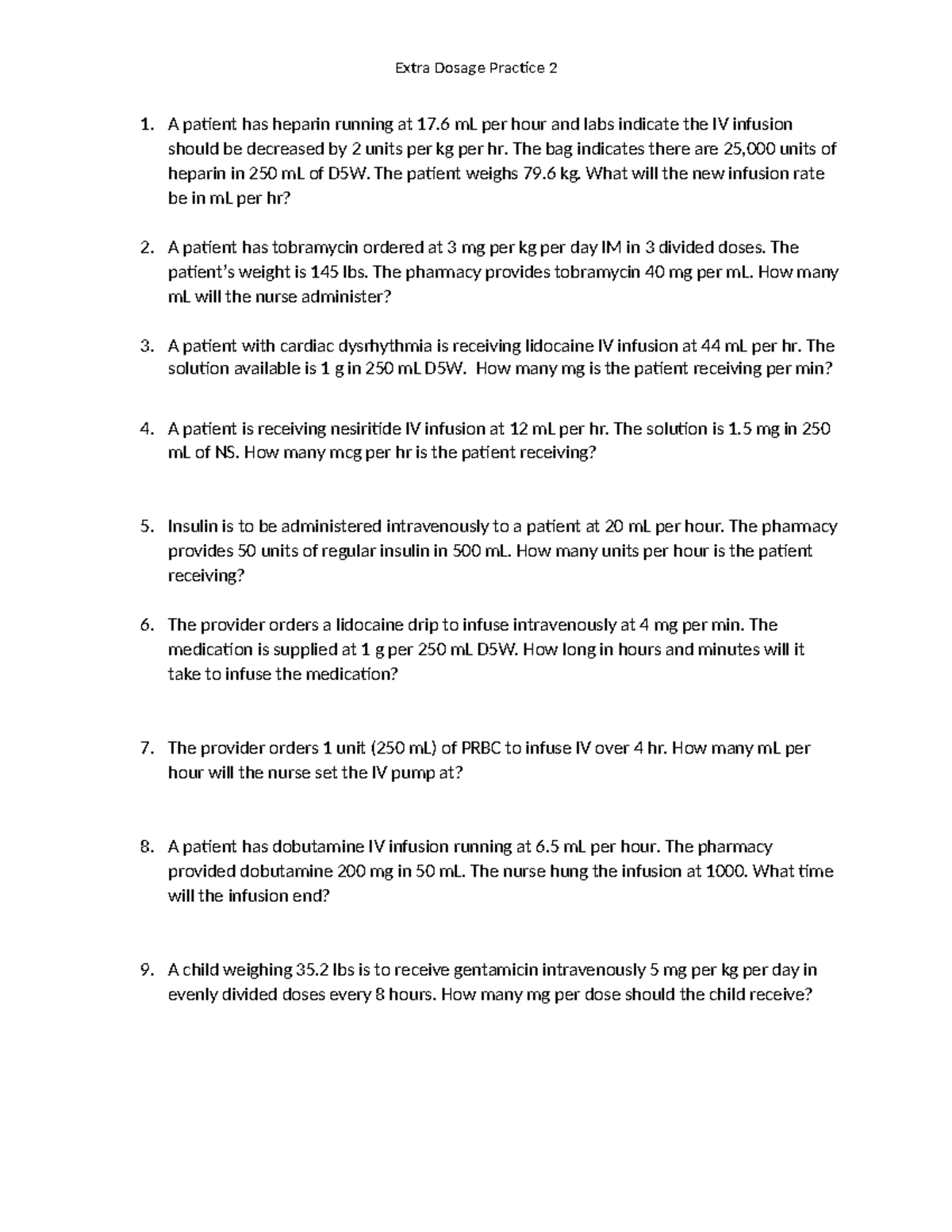 Pharmacology Extra Dosage Practice 2: IV Infusion Calculations - Studocu