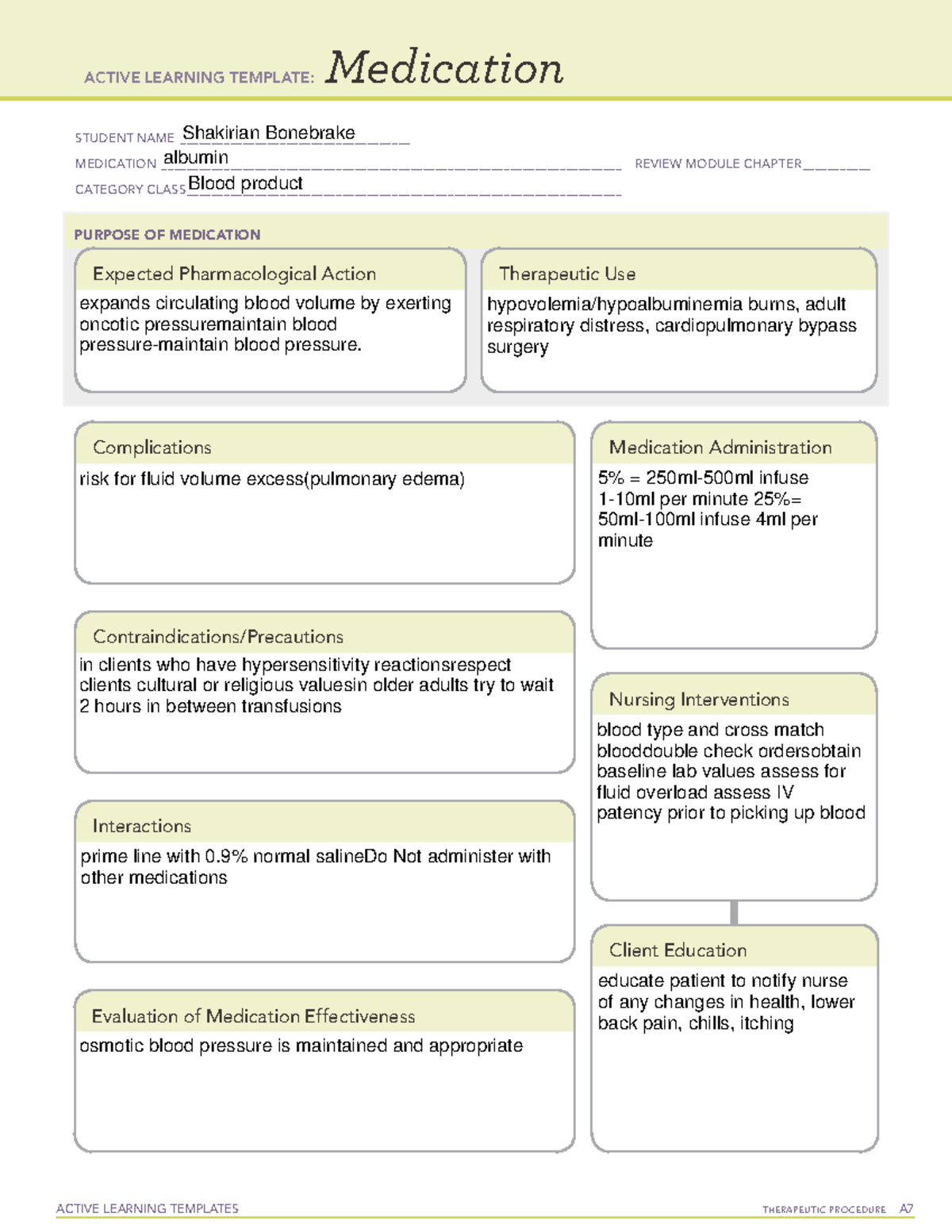 Albumin - med card - ACTIVE LEARNING TEMPLATES THERAPEUTIC PROCEDURE A ...