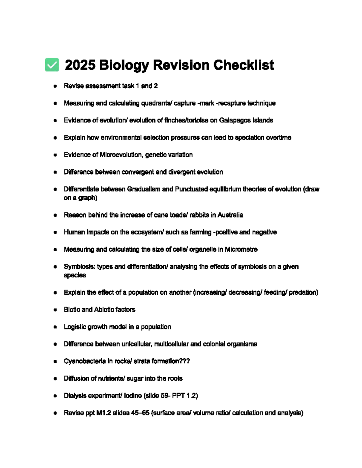 2025 Biology Revision Checklist: Evolution, Speciation & Growth - Studocu