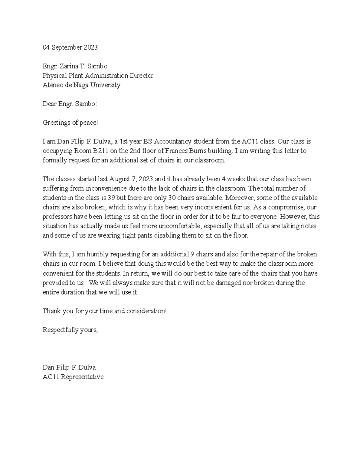 AC11 Business Letter: Request for Additional Classroom Chairs - Studocu
