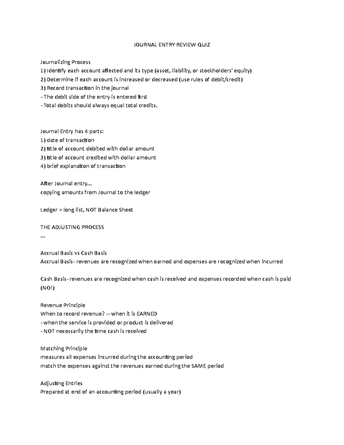 Journal Entry Review Quiz for Accounting 101 Concepts - Studocu