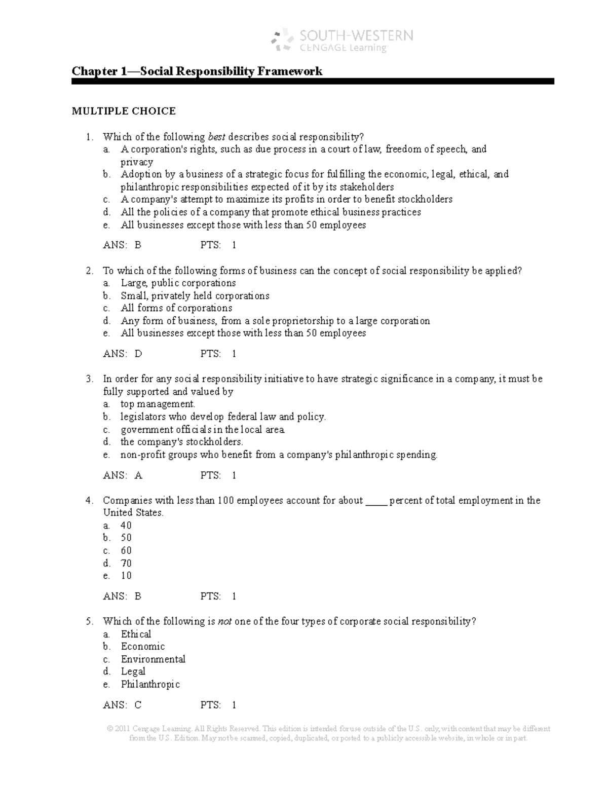 Test Bank 1 for CSR: Comprehensive Review of Social Responsibility ...