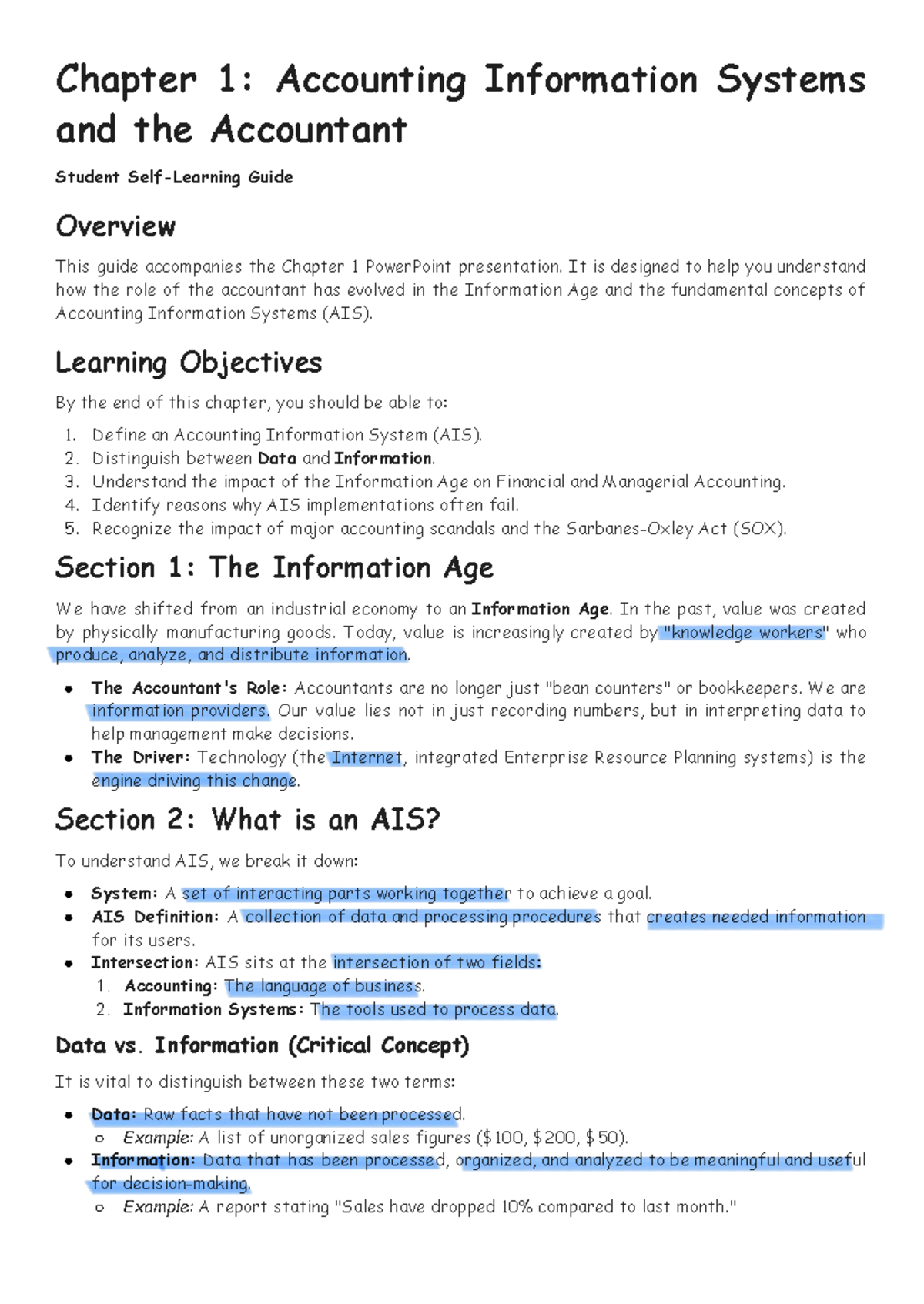 Chapter 1: AIS & the Accountant - Student Study Guide - Studocu