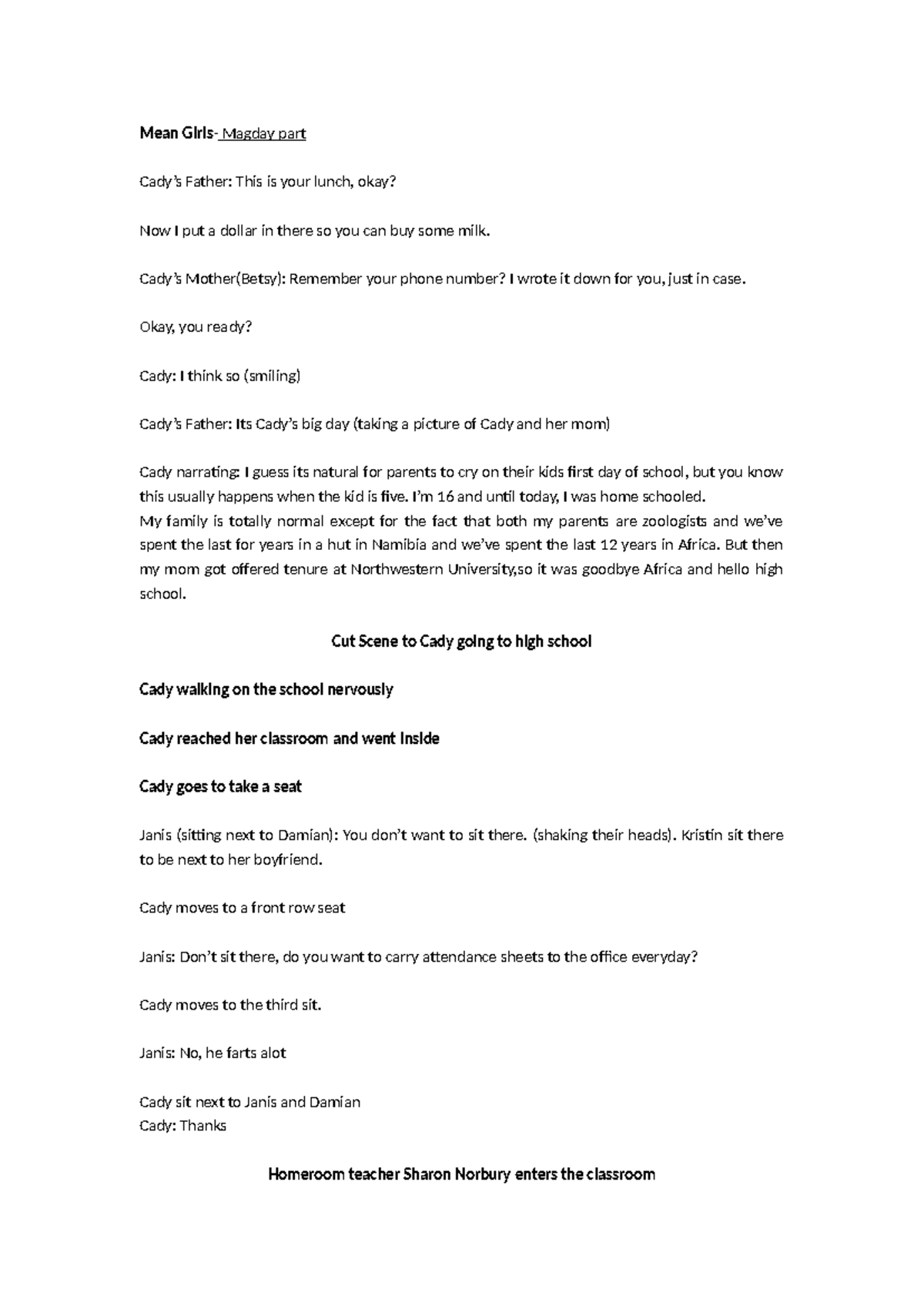 Mean Girls Script Analysis: Key Scenes from the Magday Part - Studocu