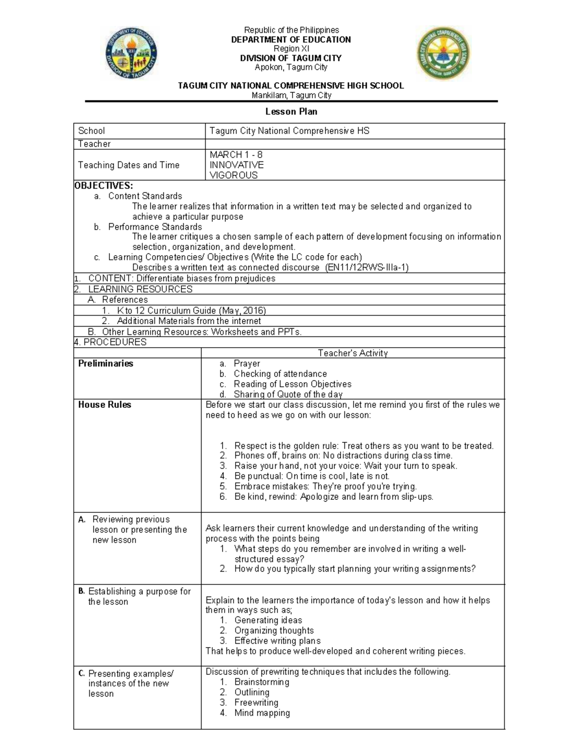 Lesson Plan in Pre-Writing Techniques (Grade 11 English) - Studocu