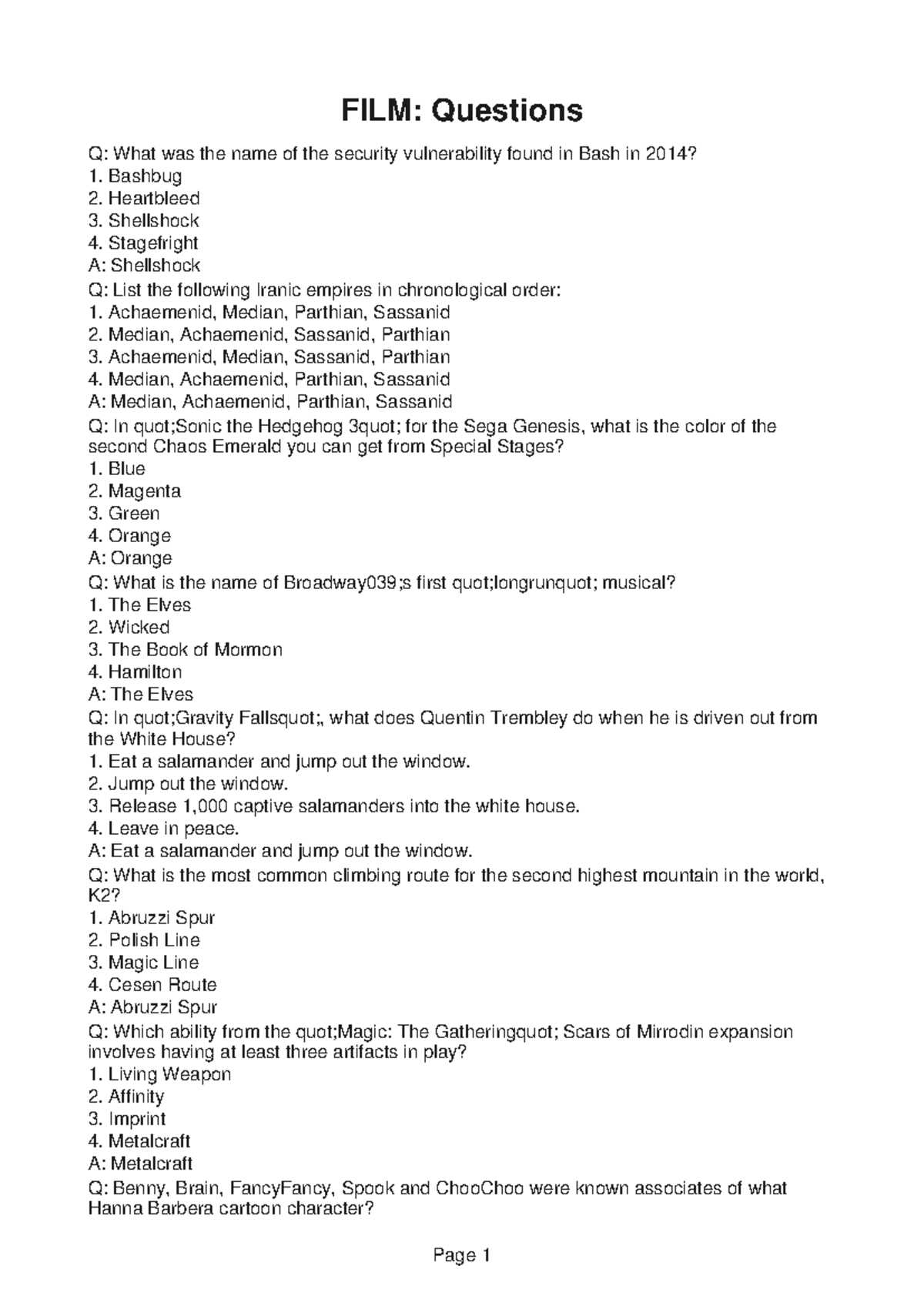 FILM292: Quiz Questions and Answers Compilation - Studocu