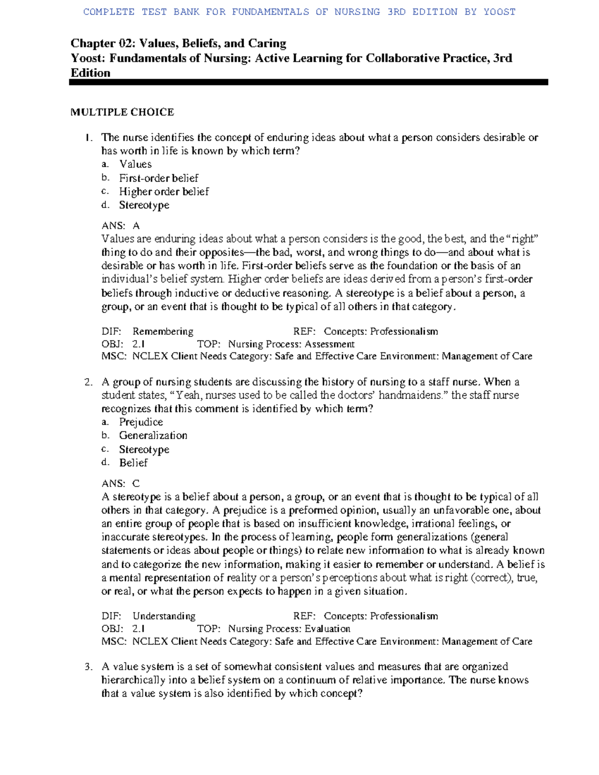 NUR 123: Test Bank for Yoost's Fundamentals of Nursing, Chapter 2 - Studocu