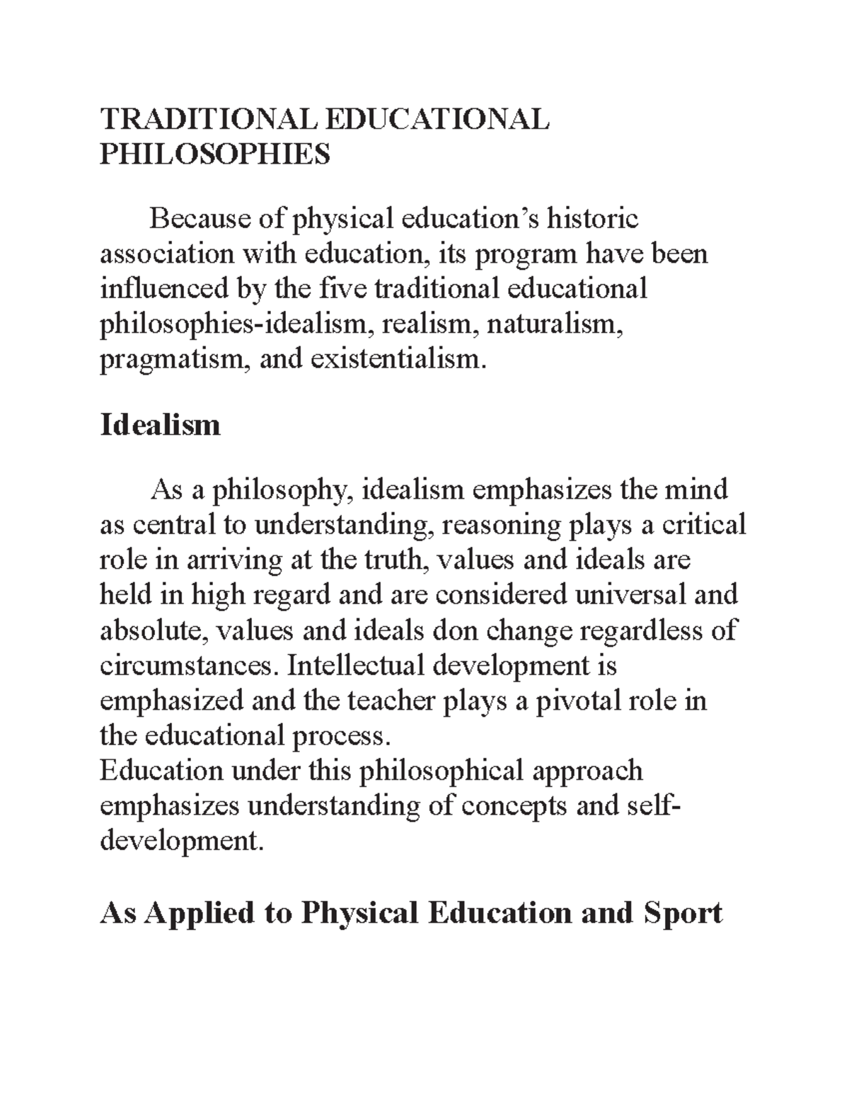 Educational Philosophies & Their Application in Physical Ed. - Studocu